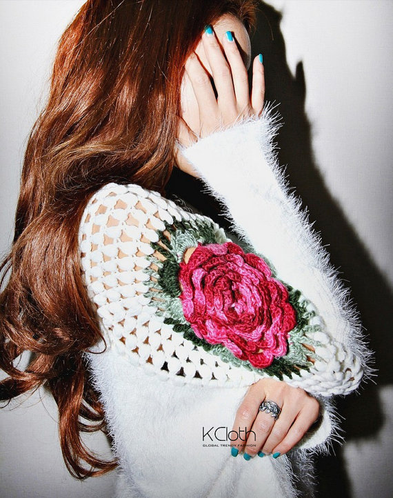 Embroidery Rose Sweater K1321 Casual Sweater Cardigan Long Sleeves Knit ...
